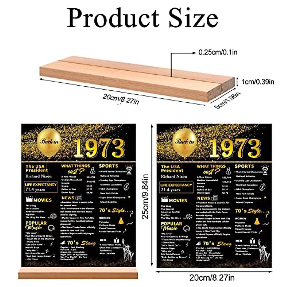 Vlipoeasn Large Size 1973 Poster 50th Birthday Anniversary Table Decoration for Women, Black Gold Duplex Print Back in 1973 Acrylic Table Sign with Wooden Stand, 50 Year Old Birthday Gifts for Women