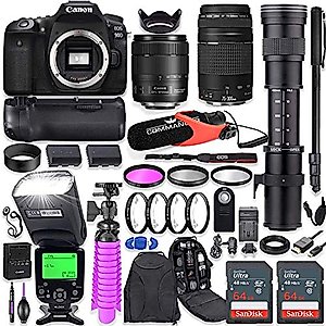 Canon EOS 90D DSLR Camera Kit with Canon 18-135mm & 75-300mm Lenses + 420-800mm Telephoto Zoom Lens + Battery Grip + TTL Flash (Upto 180 Ft) + Commander Microphone + 128GB Memory + Accessory Bundle