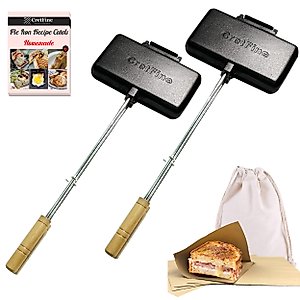 CretFine Mountain Pie Maker Cast Iron Set of 2 Pudgy Pie Cooker Hobo Fire Sandwich Maker Double Pie Irons for Camping 2 Pack Campfire Cooking Equipment with Bag