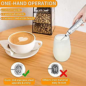 Coffee Frother Handheld, USB-Rechargeable Hand Frother with 2 Stainless Whisks, 3-Speed Adjustable Handheld Milk Frother for Cappuccinos, Hot Chocolate, Milkshakes, Egg Mix (Silver)