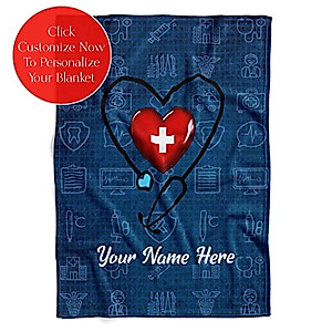 Personalized Throw Blanket with Name Stethoscope Monogram | Plush Warm Fleece for Bedding or Decorative Room Decor | Gift for NPS Nurses and Doctors | Hospital Gifts (Fleece, 50x60)