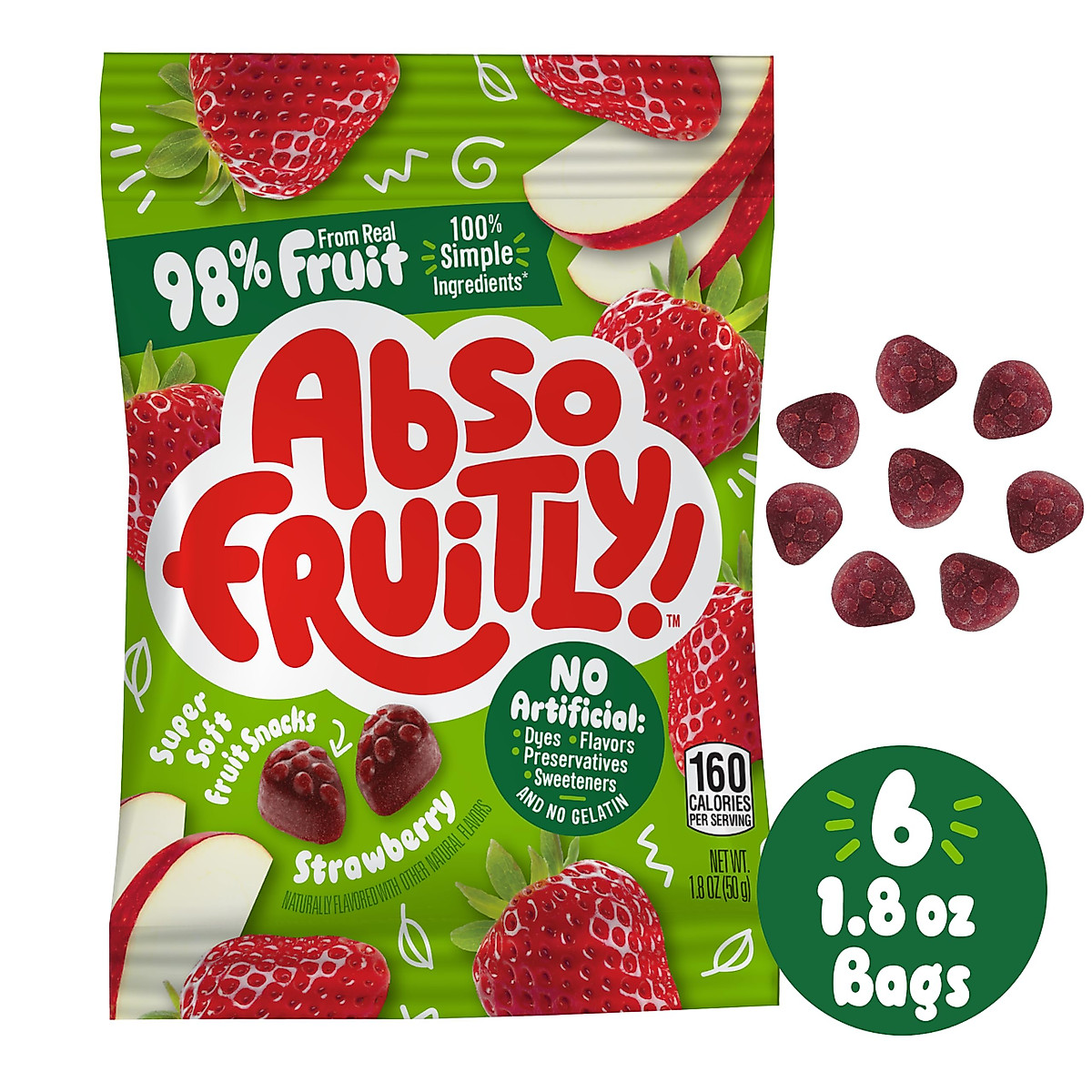 Absofruitly! 98% Real Fruit Snacks, Deliciously Sweet, Soft, & Chewy - Plant Based Healthy Snacks - Individually Wrapped Gummy Snacks for Kids, 6 Large Fruit Snack Bags (1.8oz each)