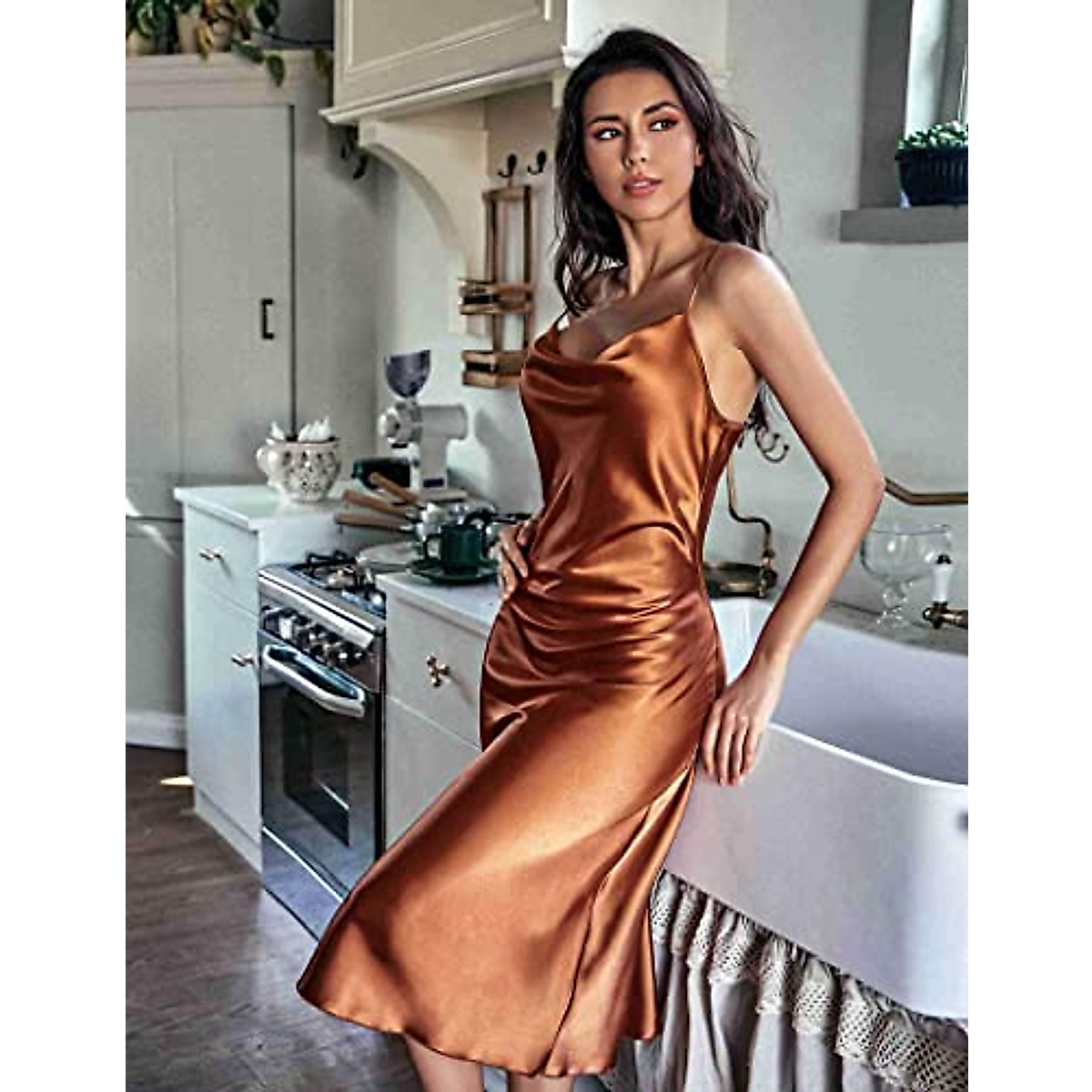 Ekouaer Women's Satin Nightgown Adjustable Sleeveless Spaghetti Strap Silky Satin Midi Slip Dress Silk Sleepwear Sleepwear Nightshirts Rust Brown