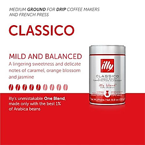 illy Drip Coffee - Ground Coffee - 100% Arabica Ground Coffee – Classico Medium Roast - Notes of Caramel, Orange Blossom & Jasmine - No Preservatives – Mild & Balanced – 8.8 Ounce