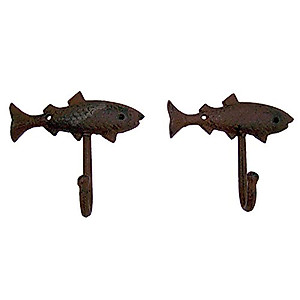 Primitive Brown Fish Cast Iron Anchor Wall Hooks, 5 1/4 Inches, Set of 2