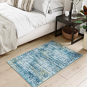 Uphome Abstract Area Rug 2x3, Blue Washable Non-Slip Bathroom Rugs, Small Soft Farmhouse Distressed Entryway Rug, Vintage Low Pile Indoor Throw Rug for Kitchen Bedroom Entrance