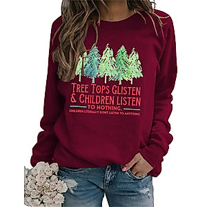 MLZHAN Women Christmas Trees Sweatshirts Tree Tops Glisten Children Listen Sweatshirt Crewneck Long Sleeve Shirt (Wine red,L,Large)