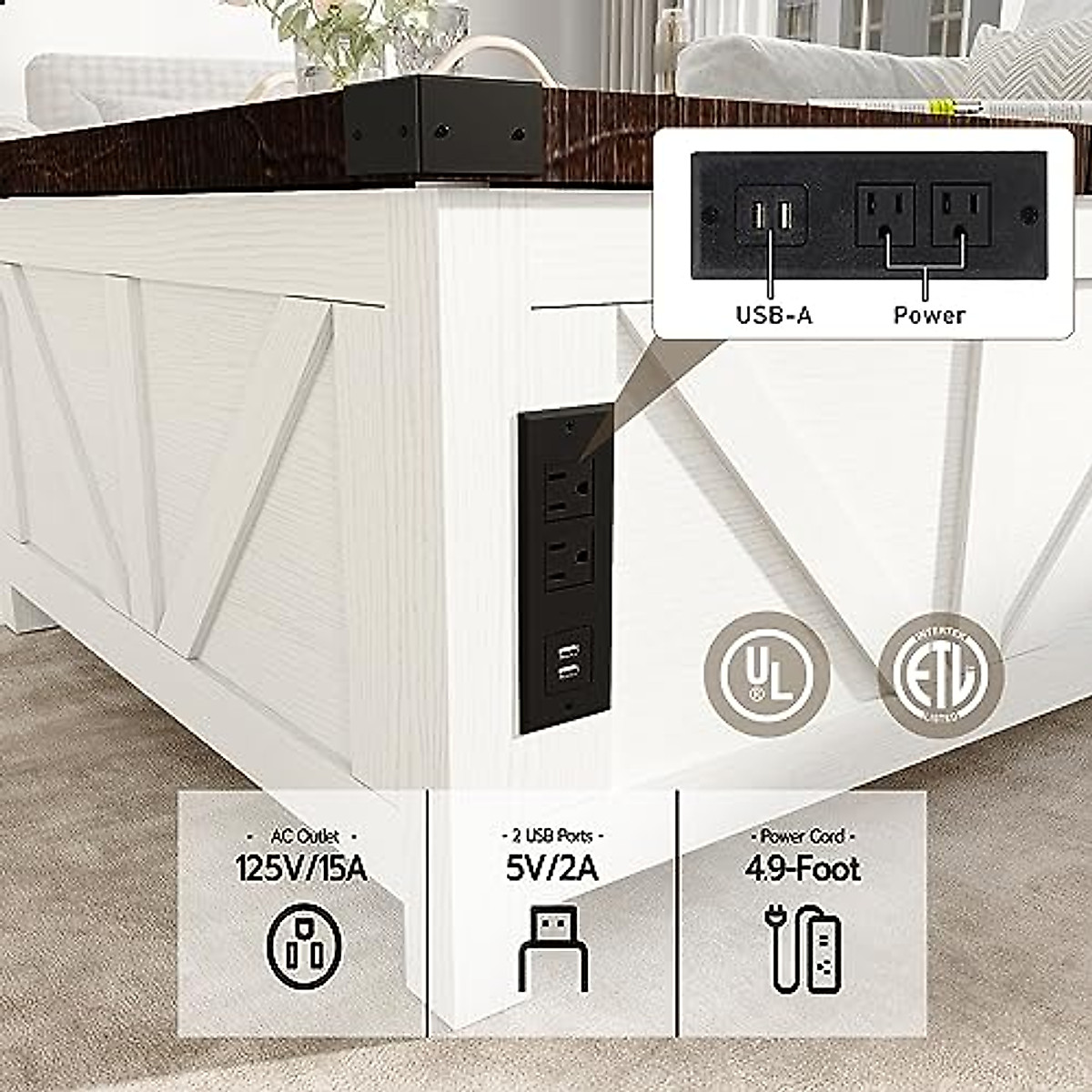 jimeimen Farmhouse Lift Top Coffee Table with Storage, Wood Square Center Table with Charging Station&USB Ports, Living Room Central Table w/Large Hidden Space, for Living Room, Bedroom, Home Office