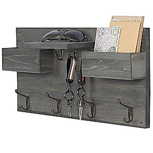 MyGift Wall Mounted Vintage Gray Solid Wood Mail and Key Holder Organizer Rack with Antique Key Hooks, Display Shelf and Letter Storage Bins, Entryway Family Command Center
