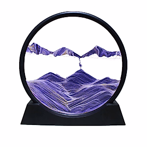 ANXUS Moving Sand Art Picture in Motion Round Glass 3D Deep Sea Sandscape Display Flowing Sand Frame, Sensory Relaxing Desktop Home Office Work Desk Decor(7", Purple)