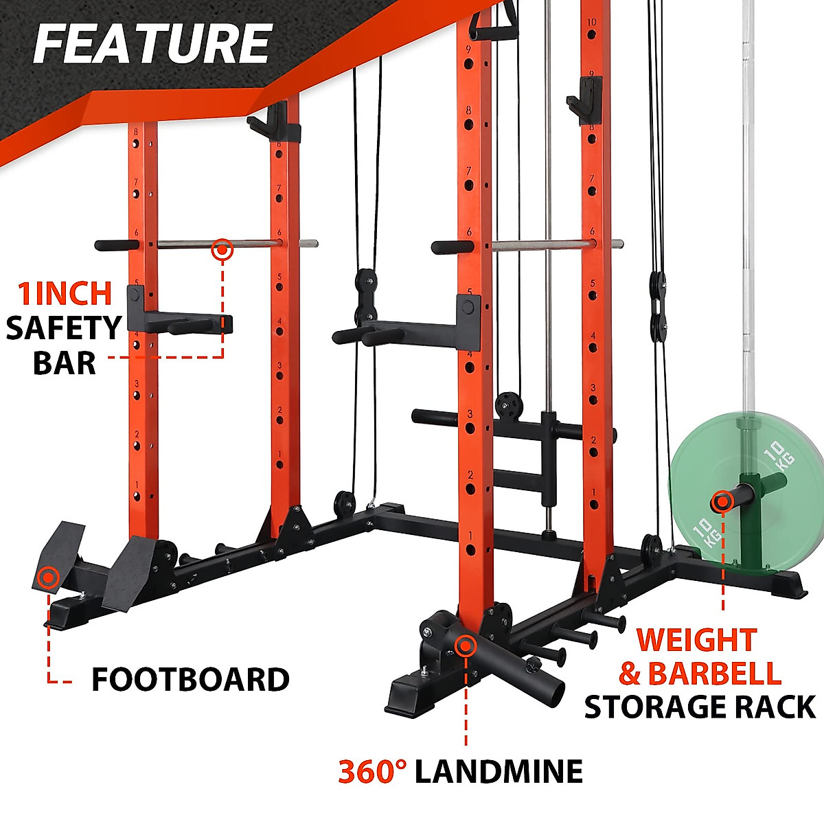 ER KANG Fitness Power Cage, Cable Crossover Machine with LAT Pull Down Bar, T Bar, Cable Bar/Handle for Home Gym Strength Training Orange
