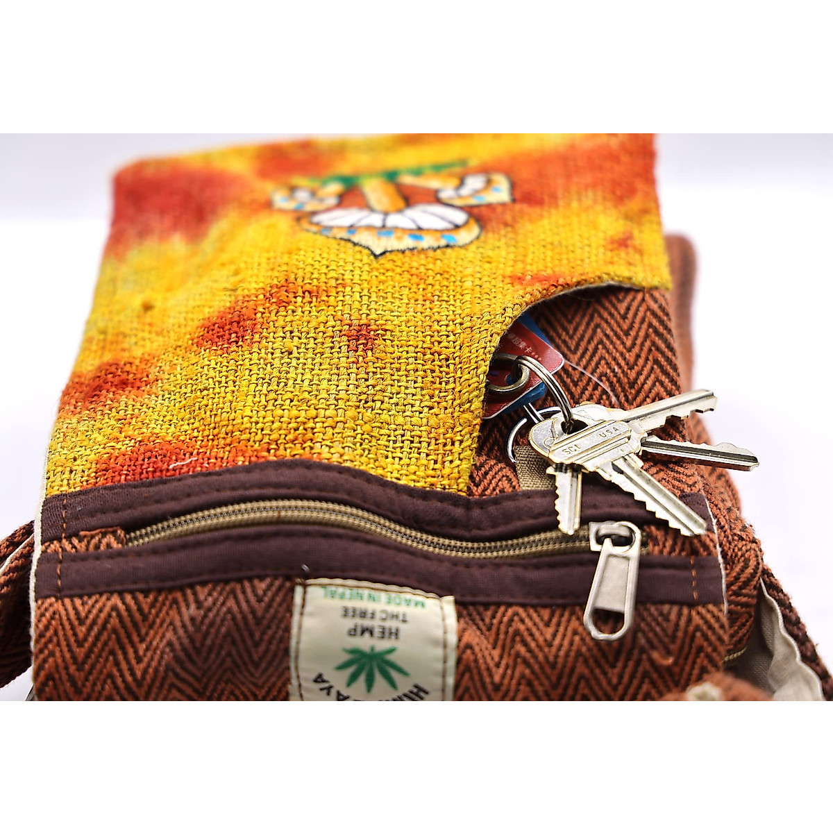 Himalaya Handmade Unique design Mushroom Embroidery Hemp Hobo Passport crossbody bag Festival Travel Bag 100% Himalaya Hemp FAIR TRADE Orange