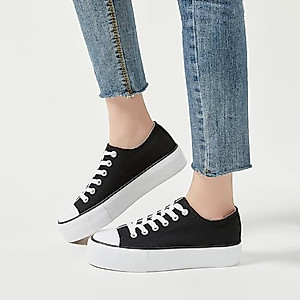 SERNIAL Women's White Platform Sneakers Low Top Platform Shoes Lace Up Canvas Shoes for Women(Black/White,US5)