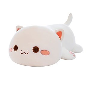 FUYU Cat Stuffed Animals, Soft Cat Plush Pillow Kawaii Kitten Stuffed Animal Toy Gifts for Kids Boys Girls Room Decor (White Round Eyes,15in/37cm)