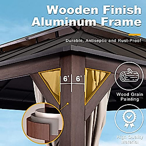 12' x 14' Gazebo, Outdoor Hardtop Gazebo with Wood Finish Aluminum Frame, Galvanized Steel Double Top Gazebo with Ventilation, All-Weather Metal Gazebo with Netting and Curtains, for Patios Gardens