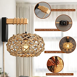 Plug in Wall Sconces Rattan Boho Decor Wall Sconce Light Woven Wicker Wall Lamp with Plug in Cord Dimmable Hanging Lamps That Plug Into Wall Outlet Rustic Wall Lamp Light for Bedroom Living Room