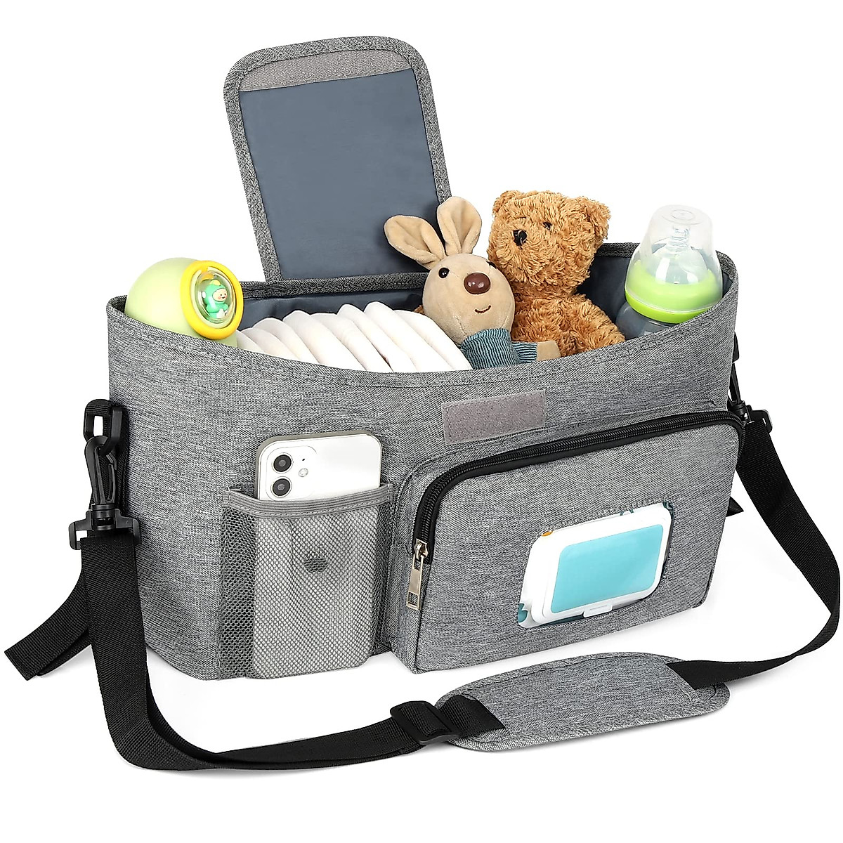 Accmor Universal Stroller Organizer with Insulated Cup Holder, Stroller Caddy Bag Accessories, Stroller Cup Holder Organizer for Uppababy Baby Jogger Britax Stroller, Grey