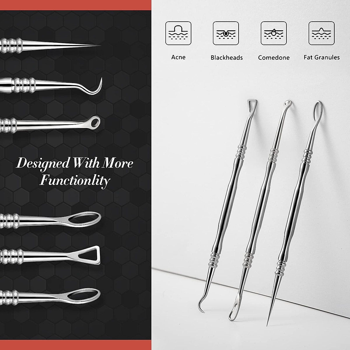 BEZOX Acne Needle Blackhead Remover Tools, Set of 3 Surgical Grade Stainless Steel Pimple Popper Facial Tools with Metal Storage Case