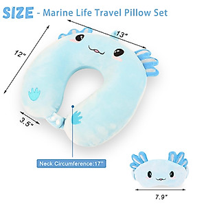 Travel Pillow, Kids Travel Pillow with Sleep Eye Mask Soft Memory Foam Kids Neck Pillow for Boys & Girls, Travel Accessories for Car Airplane Traveling - Blue Axolotl