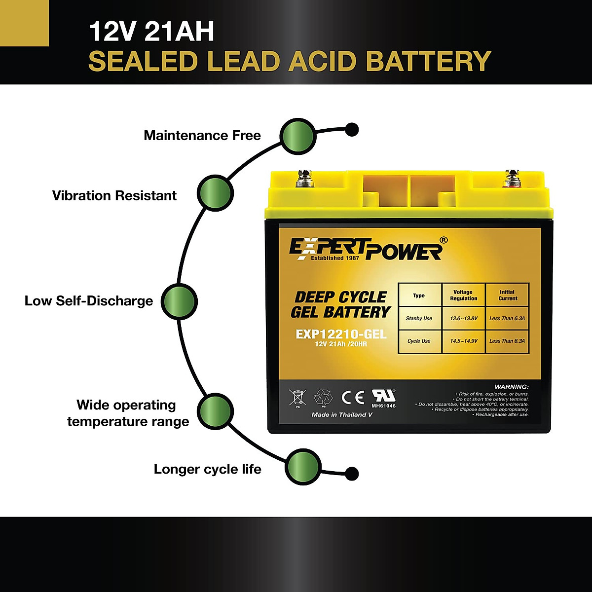ExpertPower 12V 21AH Gel Deep Cycle lead acid Battery