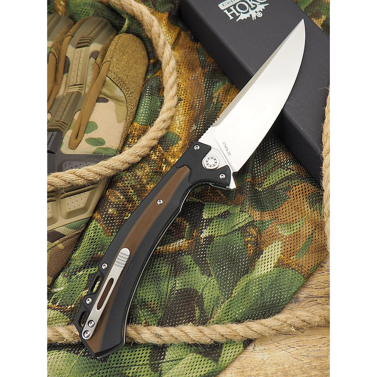 HOKC Nuker | 347-109406 | Utility Knife, Pocket Knife, EDC Knife by Official Dealer - Designed by Russian Master Aleksander Biryukov - Liner Lock, G10 Handle, Finger Flipper, Ball Bearing Pivot, Adjustable Pocket Clip, Long and Durable D2 Stainless Tool S