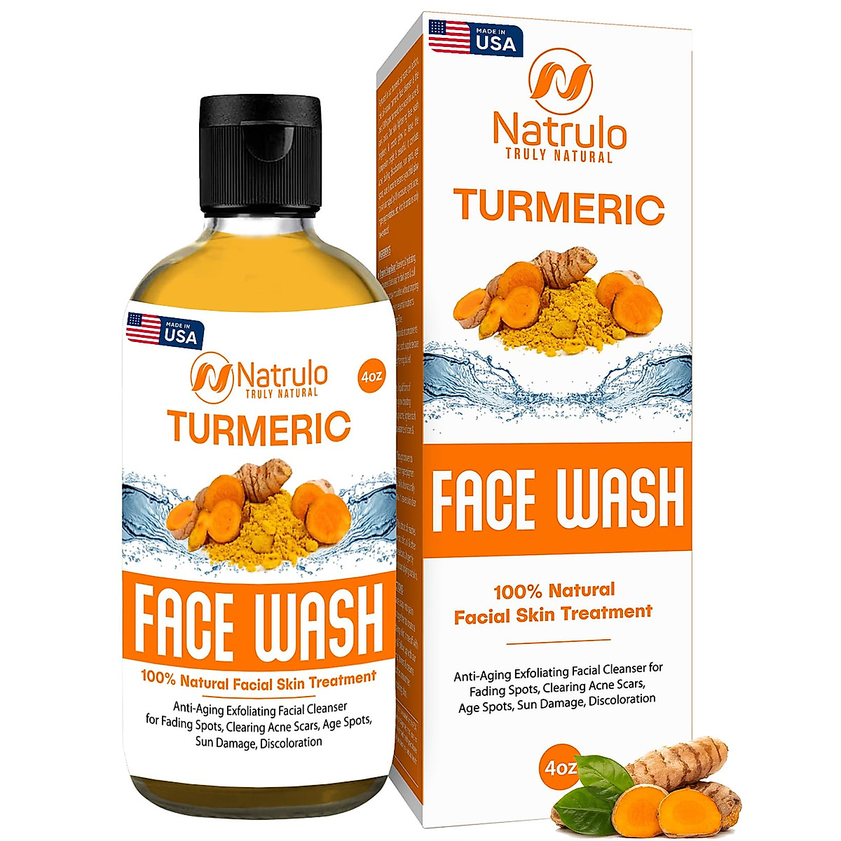 Natrulo Turmeric Face Wash, 4oz Clear Skin Liquid Soap – 100% Natural Anti Aging Exfoliating Turmeric Facial Cleanser for Fading Spots, Clearing Acne Scars, Age Spots, Sun Damage, Discoloration