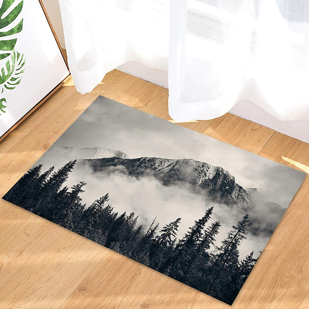Indoor Doormat Front Door Mat Nature Winter Forest Landscape Mysterious Dreamy Mountain Smoky Non Slip Rubber Back Floor Mat Entrance Low-Profile Welcome Mat Outdoor Rug for Home Office Garden
