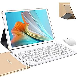 OUZRS 4G LTE Tablet 10 Inch Android 10, 4GB RAM 64GB/128GB ROM Quad Core 1920 * 1200 FHD Tablet PC Dual SIM 8000mAh Caméra 5+8MP Tablet Android with WiFi Bluetooth GPS Type-C Keyboard Mouse