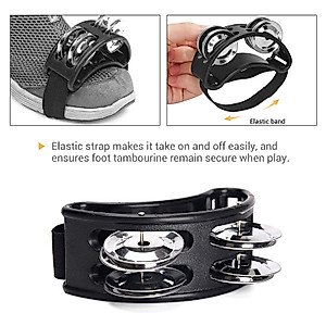 Facmogu 2PCS Foot Tambourine Percussion, Musical Instrument Percussion Pedal with Steel Jingle Bells for Drum & Guitar Playing, Foot Percussion Shakers with Elastic Strap for Adults - Black