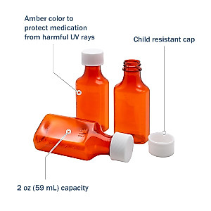 Ezy Dose Amber Oval Liquid Medicine Bottles, 2 oz Storage, Child-Resistant Push Turn Cap (Case of 132)
