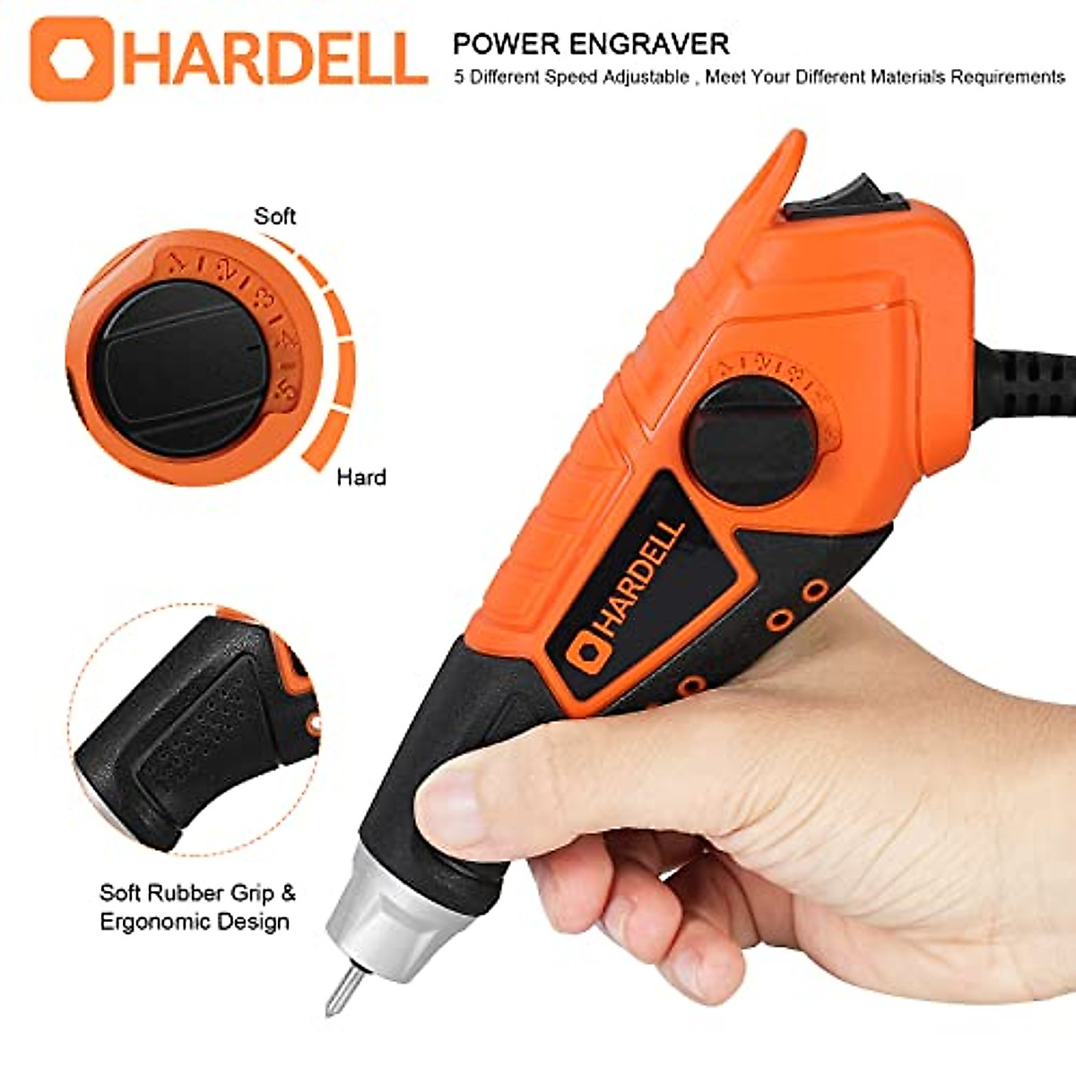 HARDELL 15W Engraver,5 Speed Etching Power Tool Equipped with Soft Rubber Handle and Tungsten Carbide Steel Bits,Mini Multi-Function for Tile,Metal,Stone,Wood,Leather,Glass,PVC Pipe,DIY Crafts