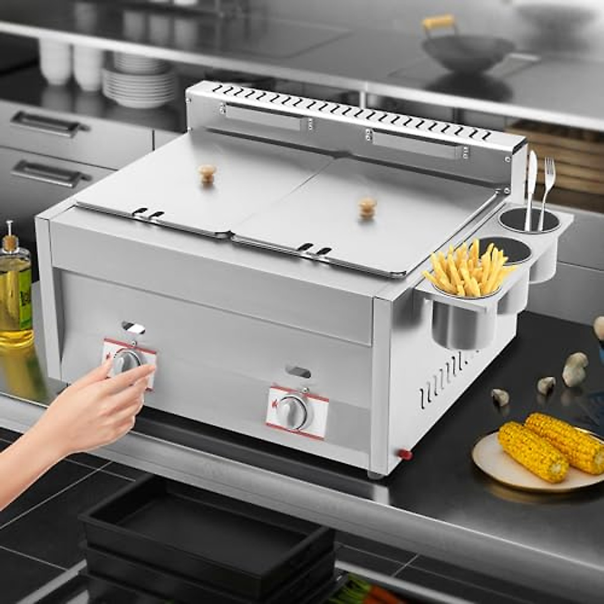 PANEKOLO 10L Commercial Deep Fryer with 2 Baskets and Lid, Countertop Commercial Dual Tank Kitchen Fat Fryer