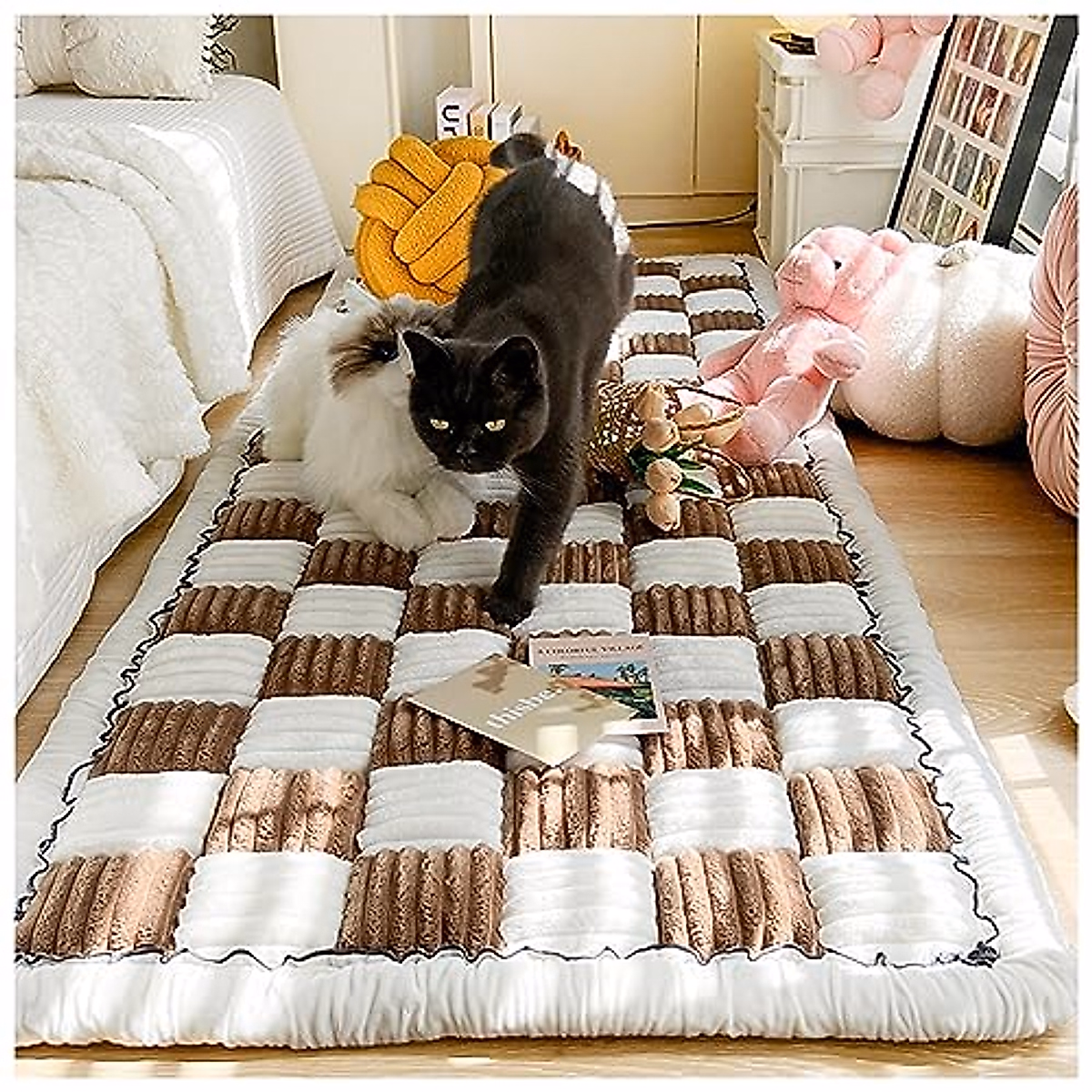 Cream-Coloured Large Plaid Square Pet Mat Bed Couch Cover, Cosy Plush Couch Cover Non Slip Floral for Pets Dogs Bed (Style-2, 27.6x70.9 in)