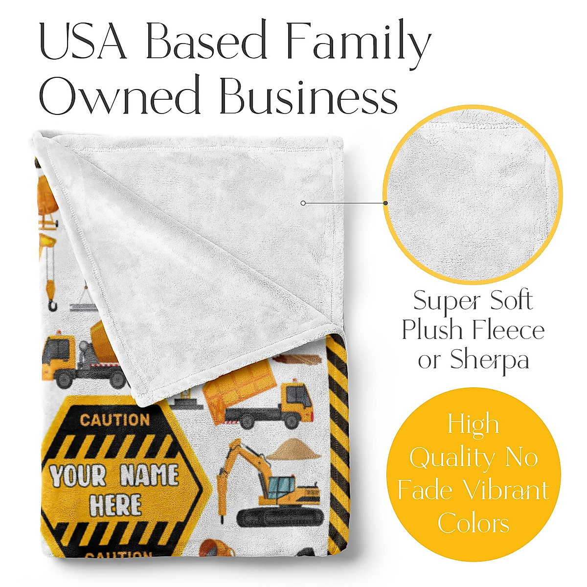 Personalized Truck Blanket - Made in USA and Shipped Next Day - Soft Fleece Construction Excavator Design for Kids & Adults, Toddler Bed or Sofa Throw (50x60 Fleece)