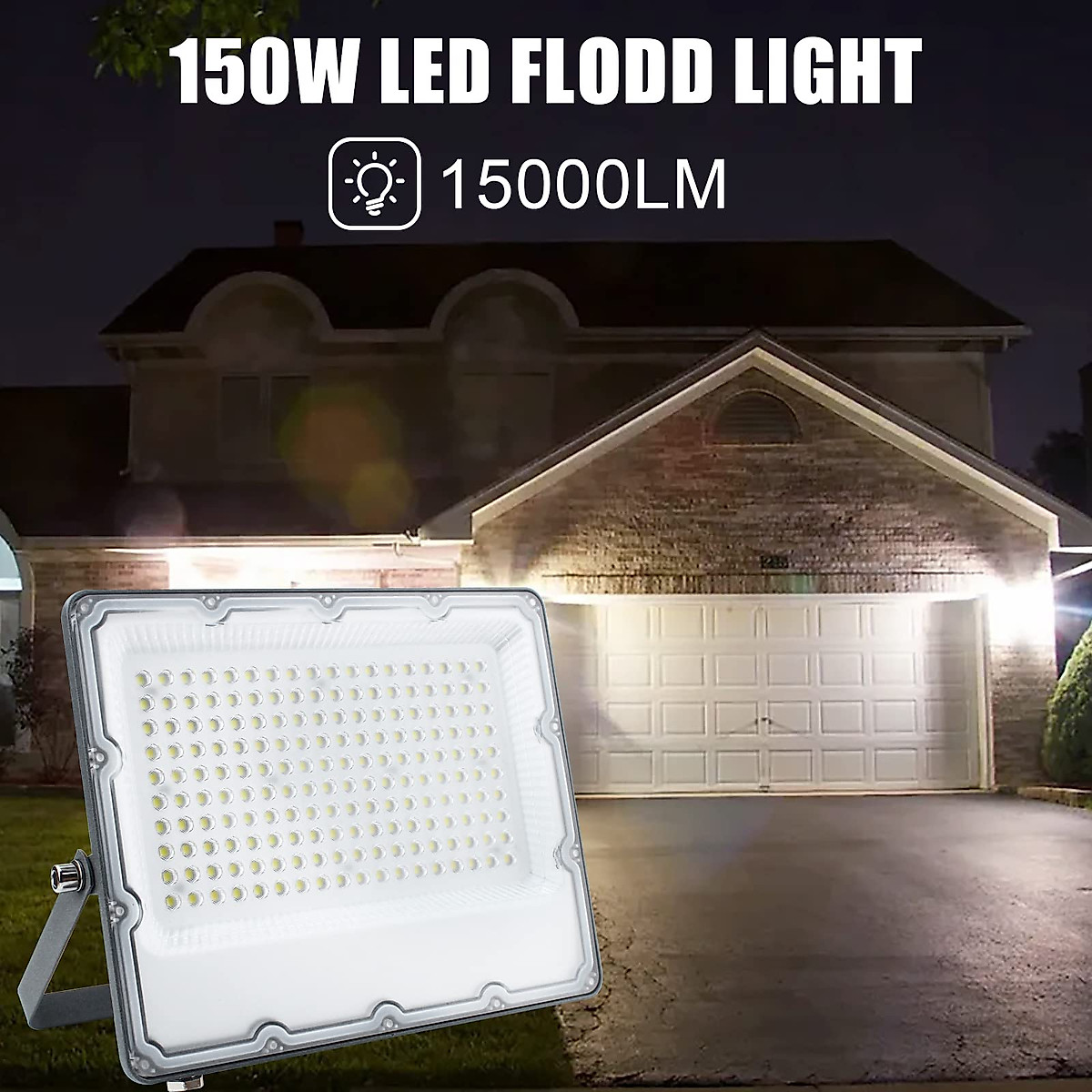 INDMIRD 150W LED Flood Light, Outdoor Security Lights Wall Fixtures 6500K 15000LM Illumination, IP66 Waterproof White Lighting Projects for Ball Ground, Parking Lot, Pathway, Yard