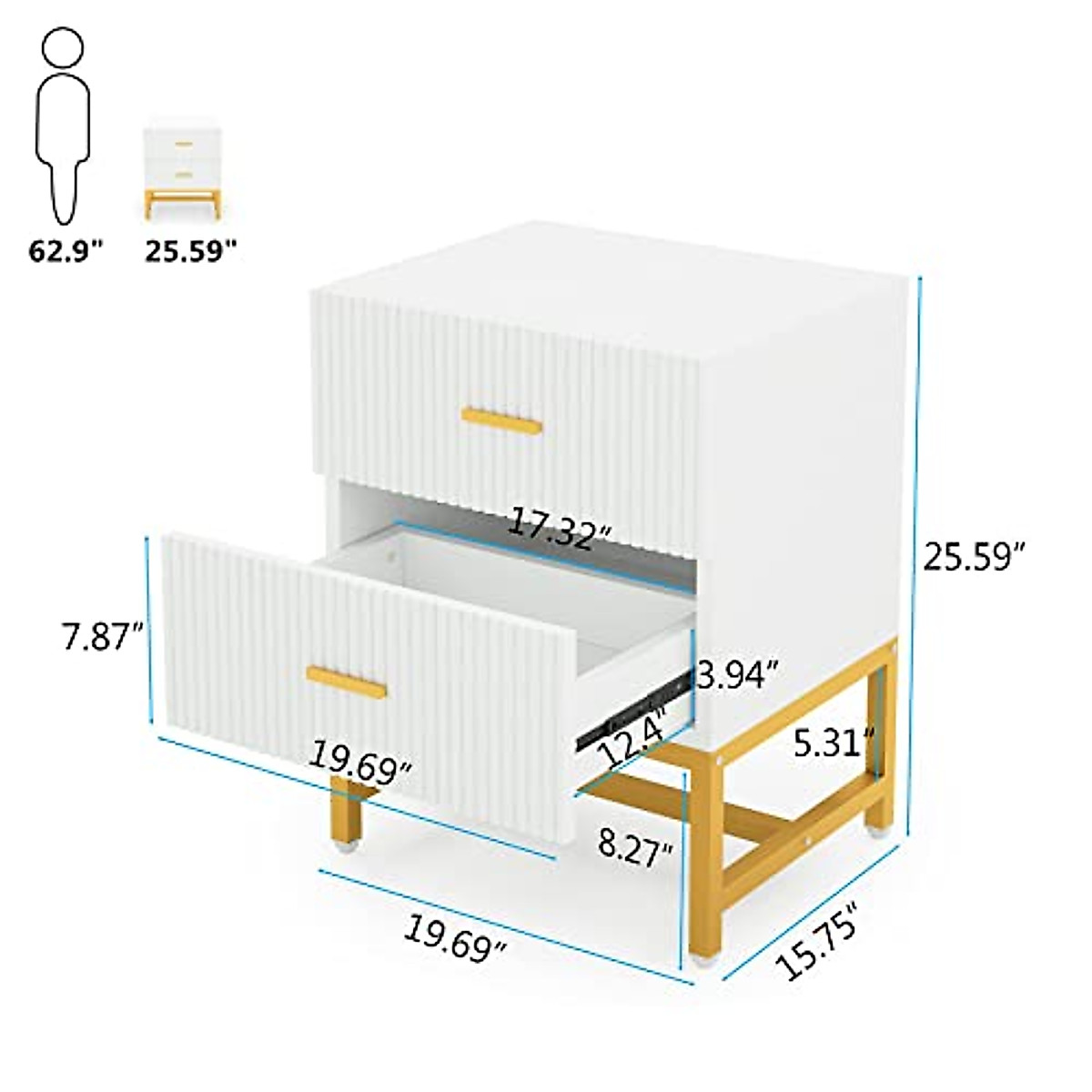 Tribesigns 2-Drawer Nightstand Set of 2, Modern Striped Night Stands Bed Side Table with Storage, White and Gold End Table Wood Metal Side Table for Living Room, Bedroom