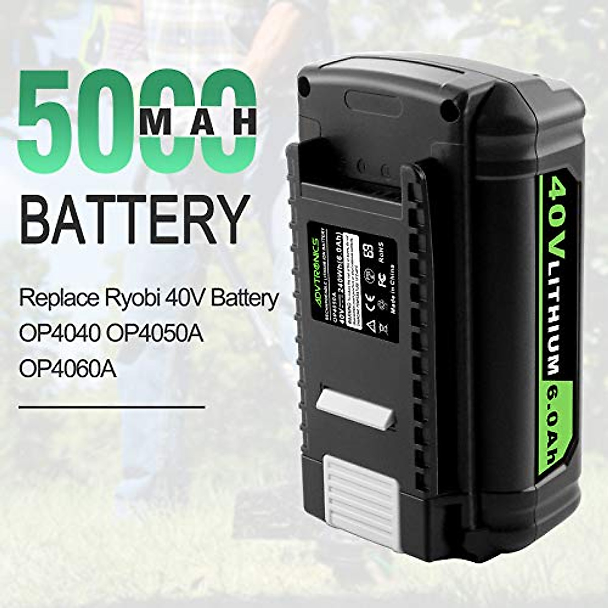 ADVTRONICS 5.0Ah 40V Replacement Battery Compatible with Ryobi 40 Volt Battery OP4015 OP4026 OP40201 OP40261 OP4030 OP40301 OP4040 OP40401 OP4050 OP40501 OP40601