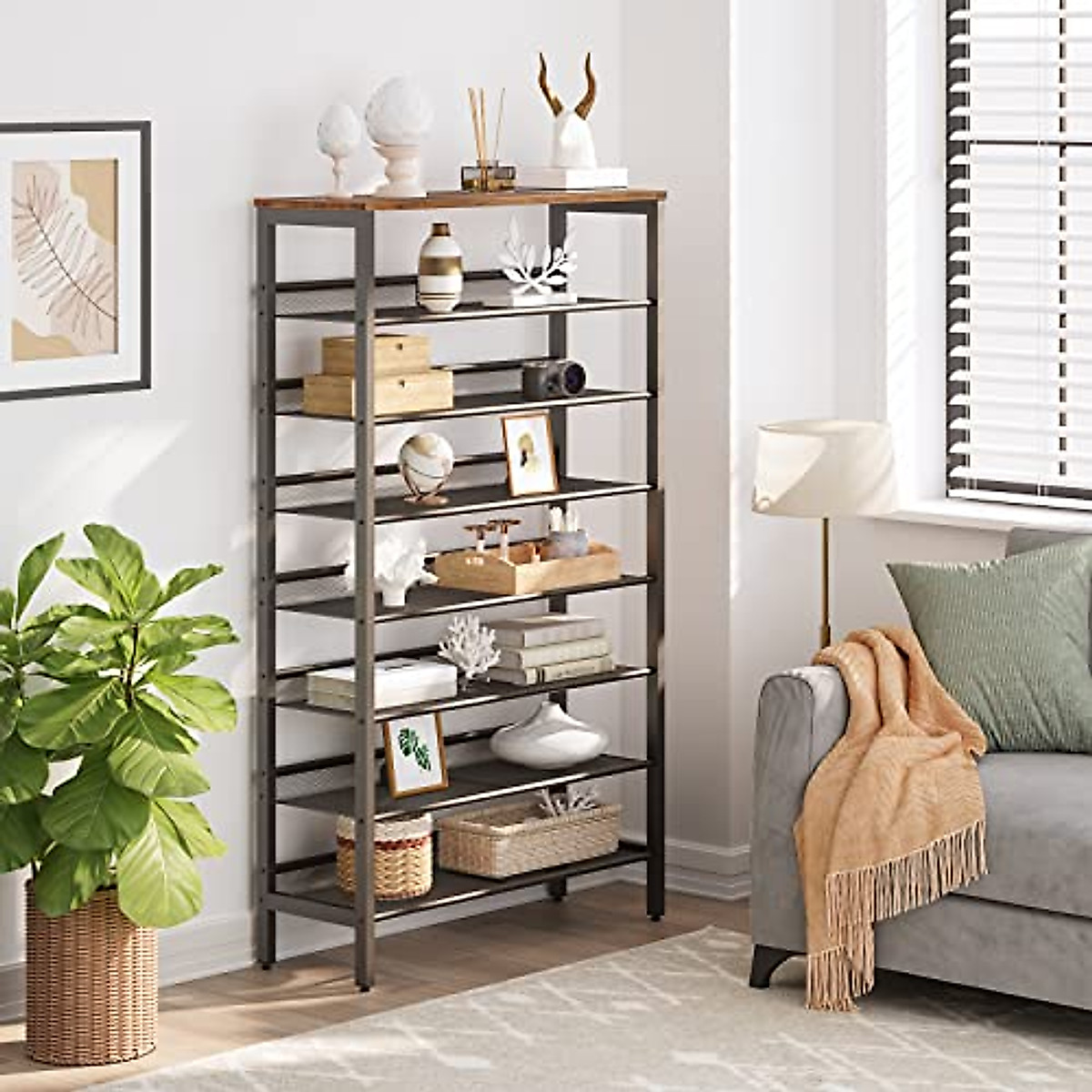 HOOBRO 8-Tier Shoe Rack and 8 Tier Narrow Shoe Rack, Stable and Sturdy, Shoe Storage Organizer, for Entryway, Hallway, Living Room, Rustic Brown