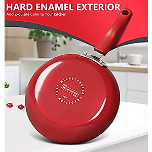 MICHELANGELO Pots and Pans Set Nonstick, 15 Pcs Kitchen Cookware Sets with Porcelain Enamel Exterior and Nonstick Granite-derived Coating, Enamel Cookware Set with 5 Utensils - Red