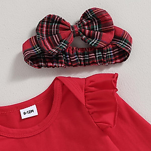 YINGISFITM My First Christmas Baby Girl Outfit Ruffle Long Sleeve Onesie Elk Embroidery Plaid Skirt Set Fall Winter Clothes (First Christmas Red, 6-9 Months)