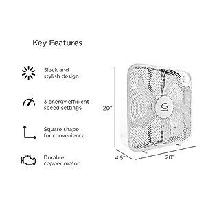 Genesis 20" Box Fan, 3 Settings, Max Cooling Technology, Carry Handle, White (G20BOX-WHT)