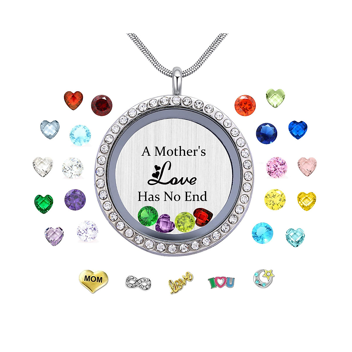 Veeshy A Mothers Love Has No End Floating Locket Necklace Pendant with Charms & 24PCS Birthstones, Mother's Day Birthday Xmas Gifts