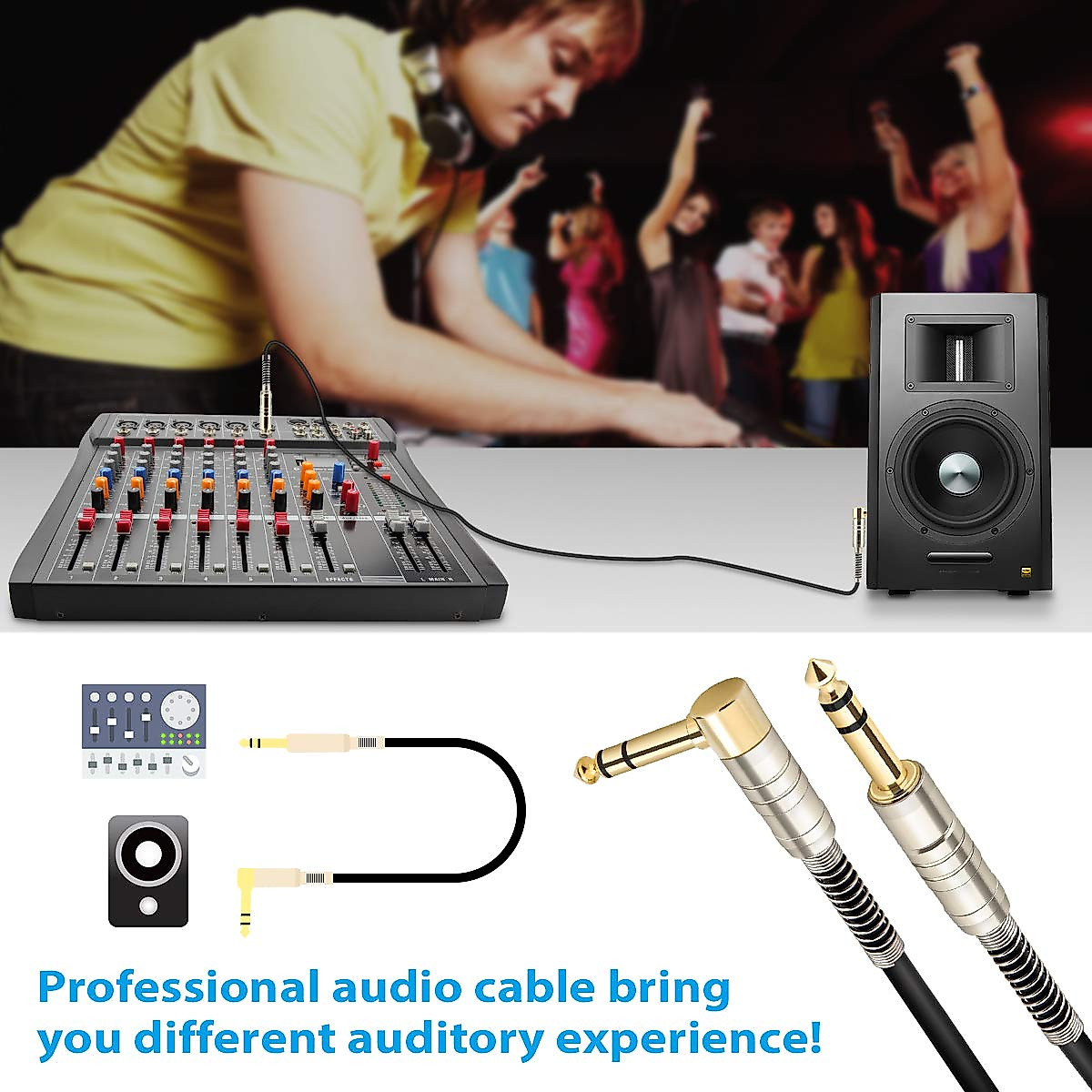 JOLGOO 1/4 inch TRS Cable, Straight to Right Angle 1/4 Inch 6.35mm Stereo Audio Cable for Studio Monitors,Mixer,Yamaha Speaker/Receiver, 10 Feet