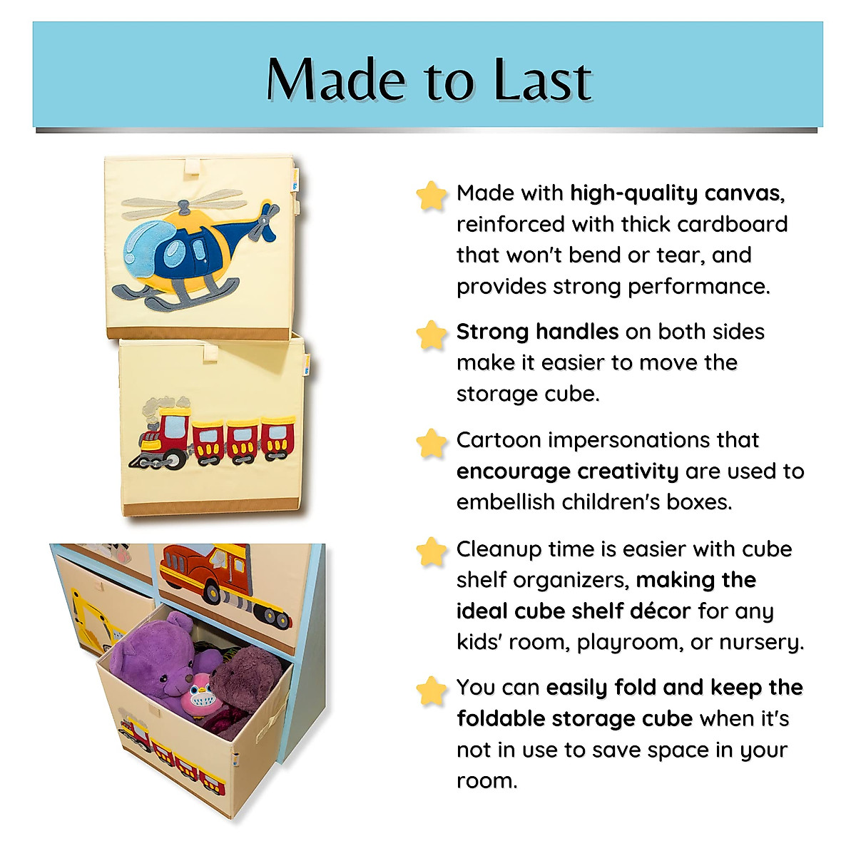 Product 4 Kids - Washable Toy Box Storage Cube, Canvas Toy Chest Organizer Foldable Kids Toy Storage Organizers for Child's Bedroom or Playroom -13x13x13 Inch (Helicopter, Train, Excavator)