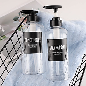 Shampoo and Conditioner Bottles, Segbeauty 2 Pack 16.9oz Refillable Shampoo Bottles, 500ml Labeled Clear Shower Bottles Refillable, Large Empty Plastic Bathroom Soap Lotion Shampoo Dispenser with Pump