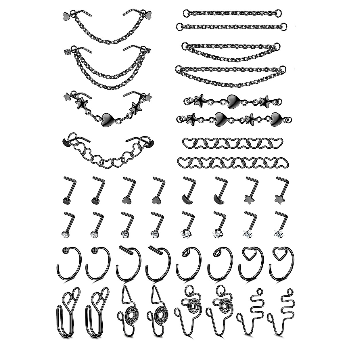 20G Nose Ring Nose Chain Piercing Across CZ L Shaped Nose Stud Small Nose Hoop African Cuff Ring Stainless Steel Double Heart Star Nose Ring Chain Piercing Jewelry Set for Women Men 32 Pcs(black)