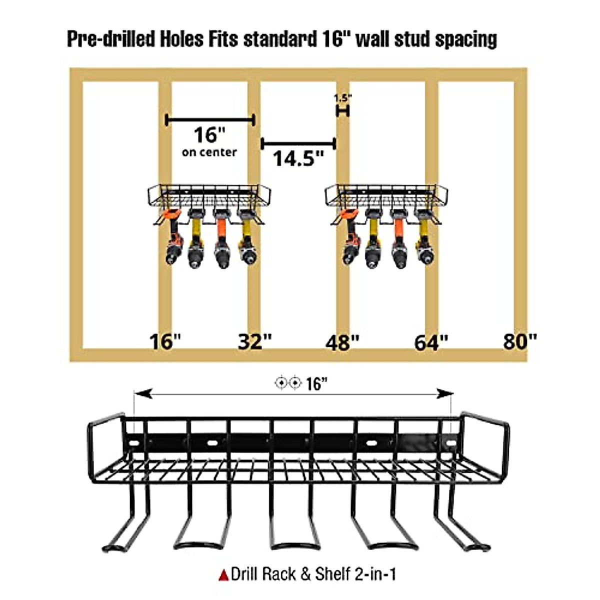 UNITEDPOWER Wall Mounted Power Tool Organizer Holder, Heavy Duty Utility Storage Rack for Battery Powered Hand Tools, Cordless Drill Rack and Tool Shelf w/Compact Design, Perfect for Father's Day
