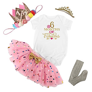 HOSUKKO Princess Half Birthday Outfit Baby Girl, Premium 1/2 Birthday Outfit Girl, Infant Cake Smash Outfits for 6 Months Girls (Short Sleeve, 5PCS)