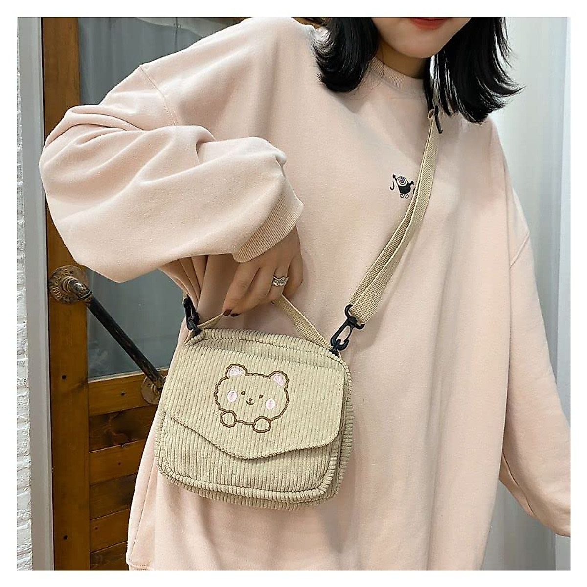 AWXZOM small cute Corduroy Crossbody bag min Kawaii Purse Crossbody Bag small Kawaii Wallet small Kawaii Crossbody Bag come with a duck pin (Beige)