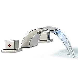 Oulantron Waterfall Widespread Bathroom Sink Faucet Bathroom Basin Sink Faucet LED with Changing 2 Handle 3 Hole Brushed Nickel Cold and Hot Water Mixer Vanity Bathroom Faucet